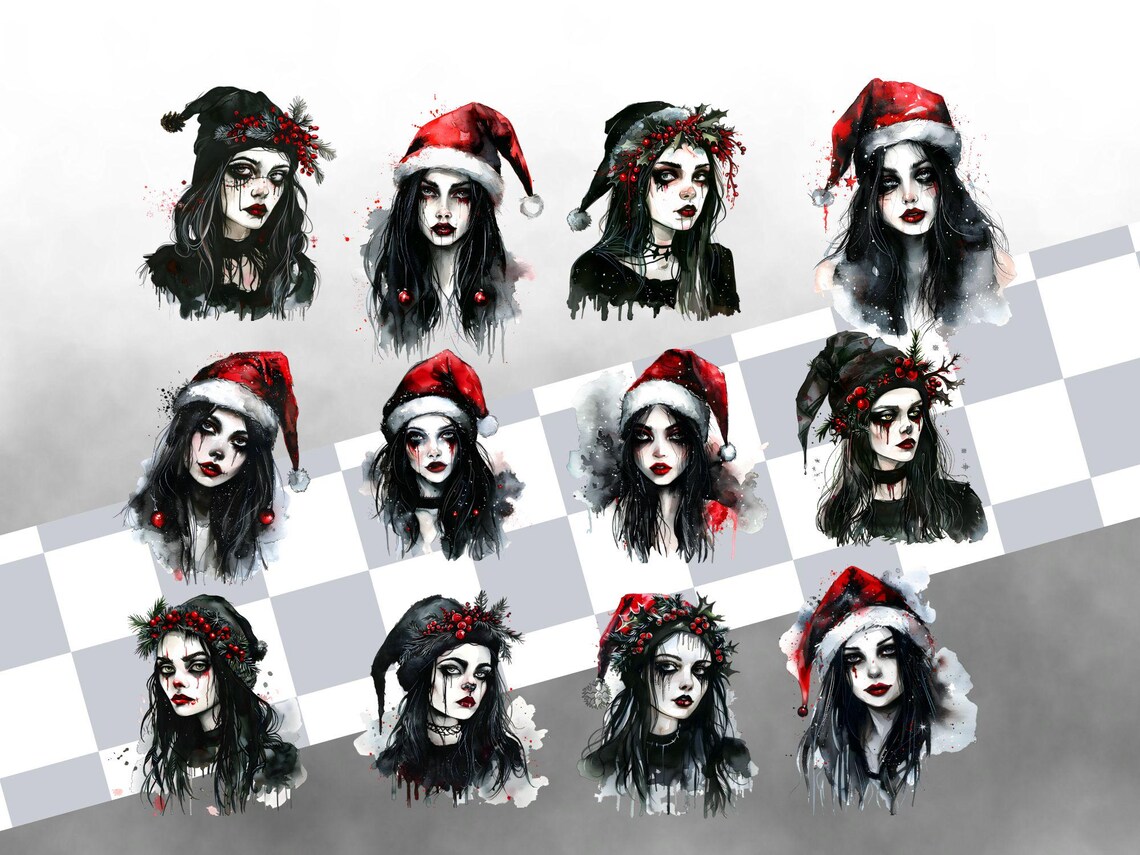 Christmas Goth Girl Clipart Bundle, Dark Gothic Elegance, Alternative ...