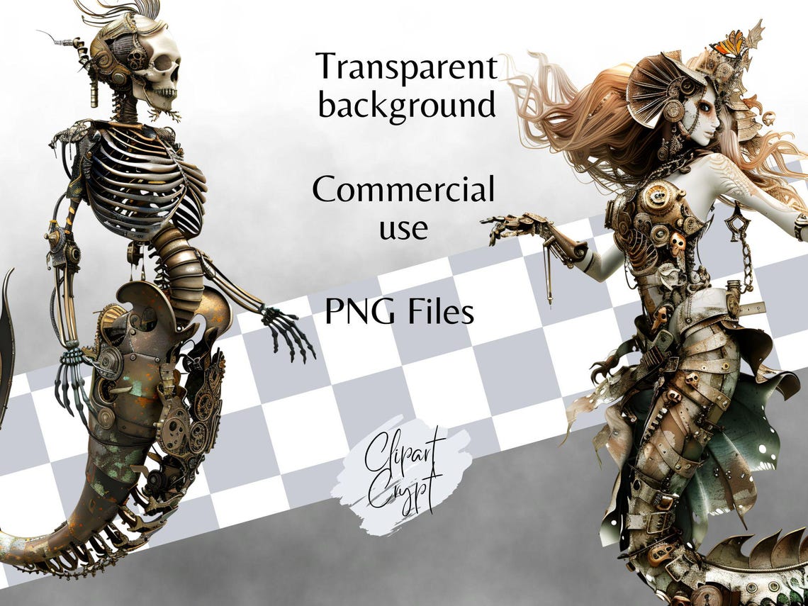 Steampunk Skeleton Mermaid Clipart Bundle, Vintage Mechanical Fantasy ...