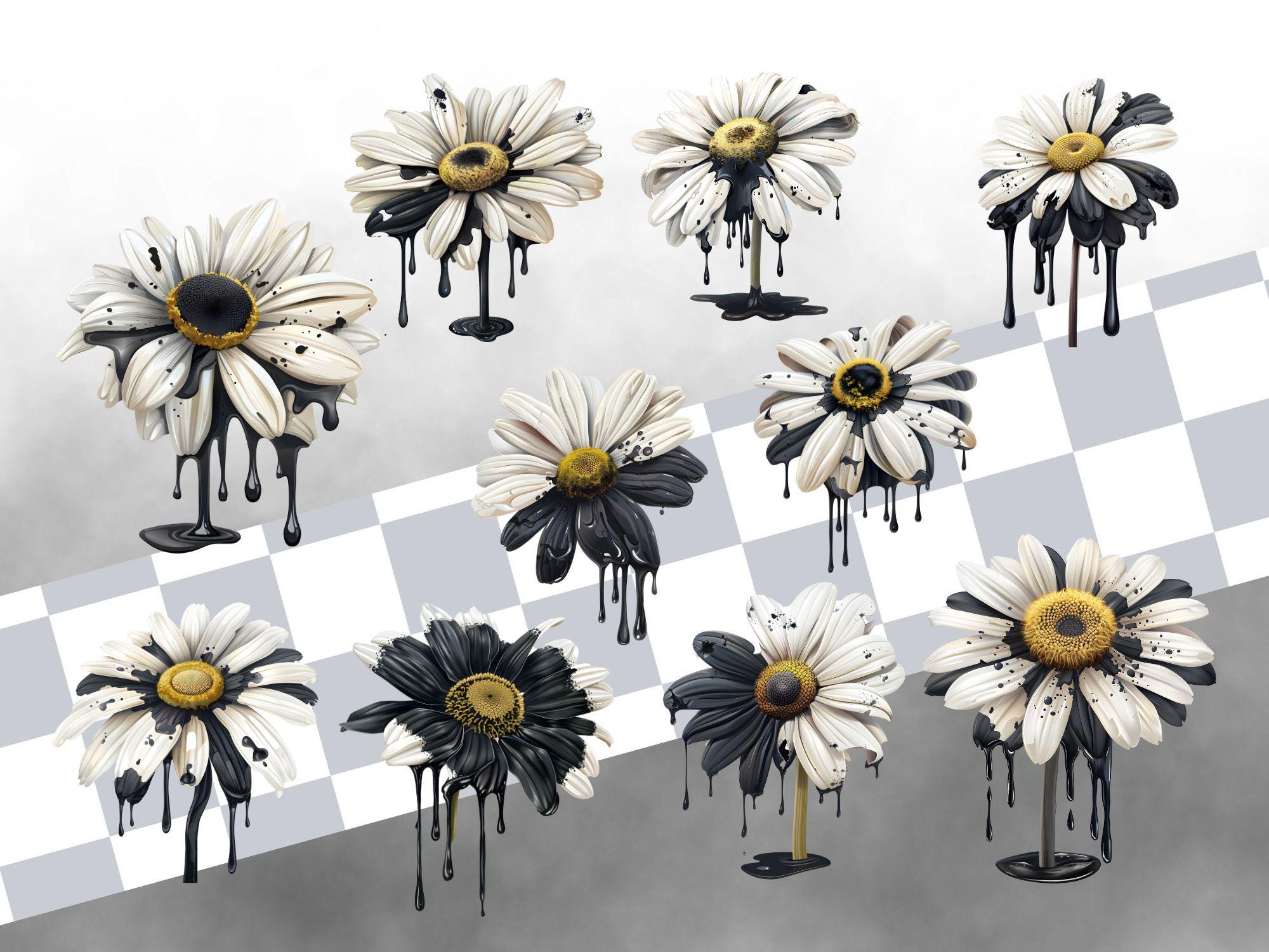Dripping Gothic Daisy Clipart Bundle, Dark Botanical Elegance, Mystical ...