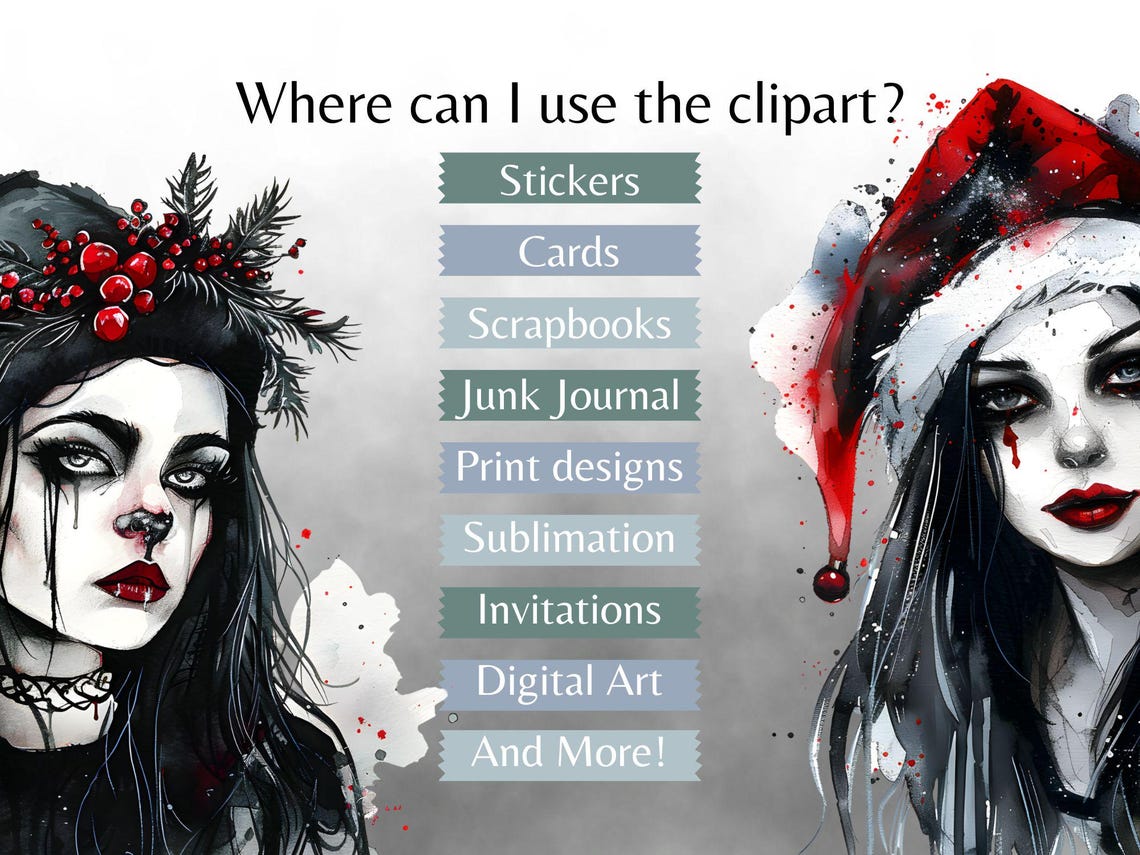 Christmas Goth Girl Clipart Bundle, Dark Gothic Elegance, Alternative ...