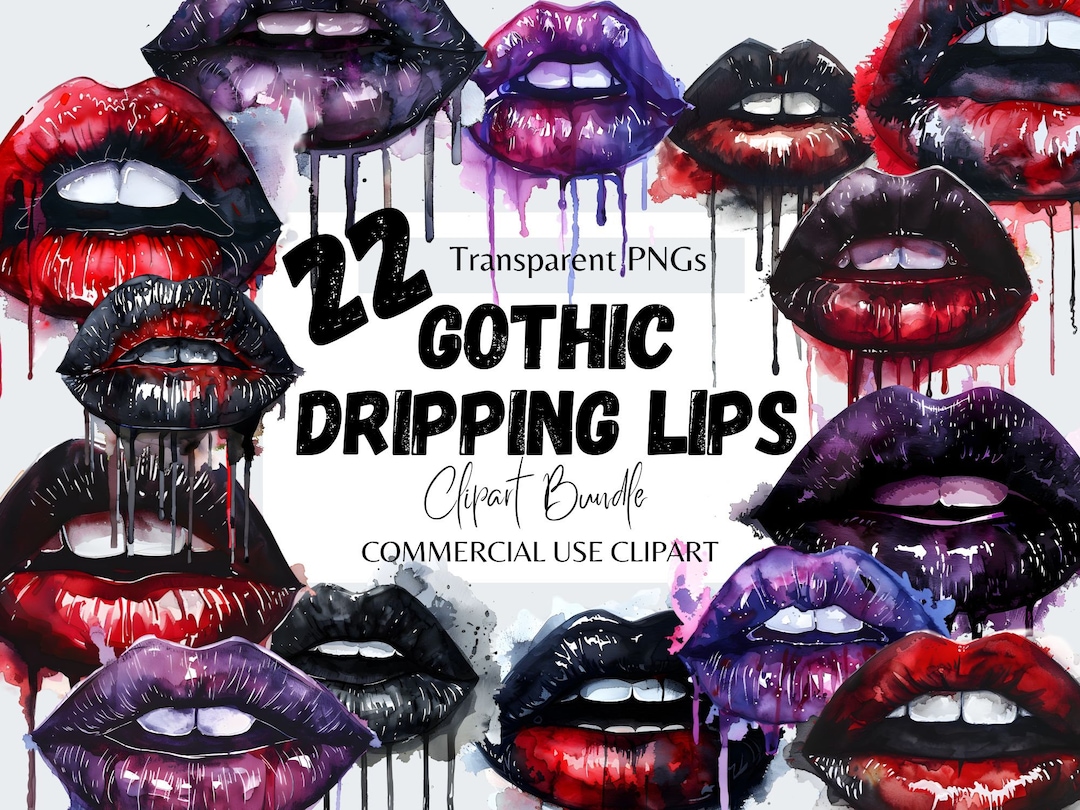 Gothic Dripping Lip Clipart Bundle, Goth Lipstick PNG, Black & Red Lips ...