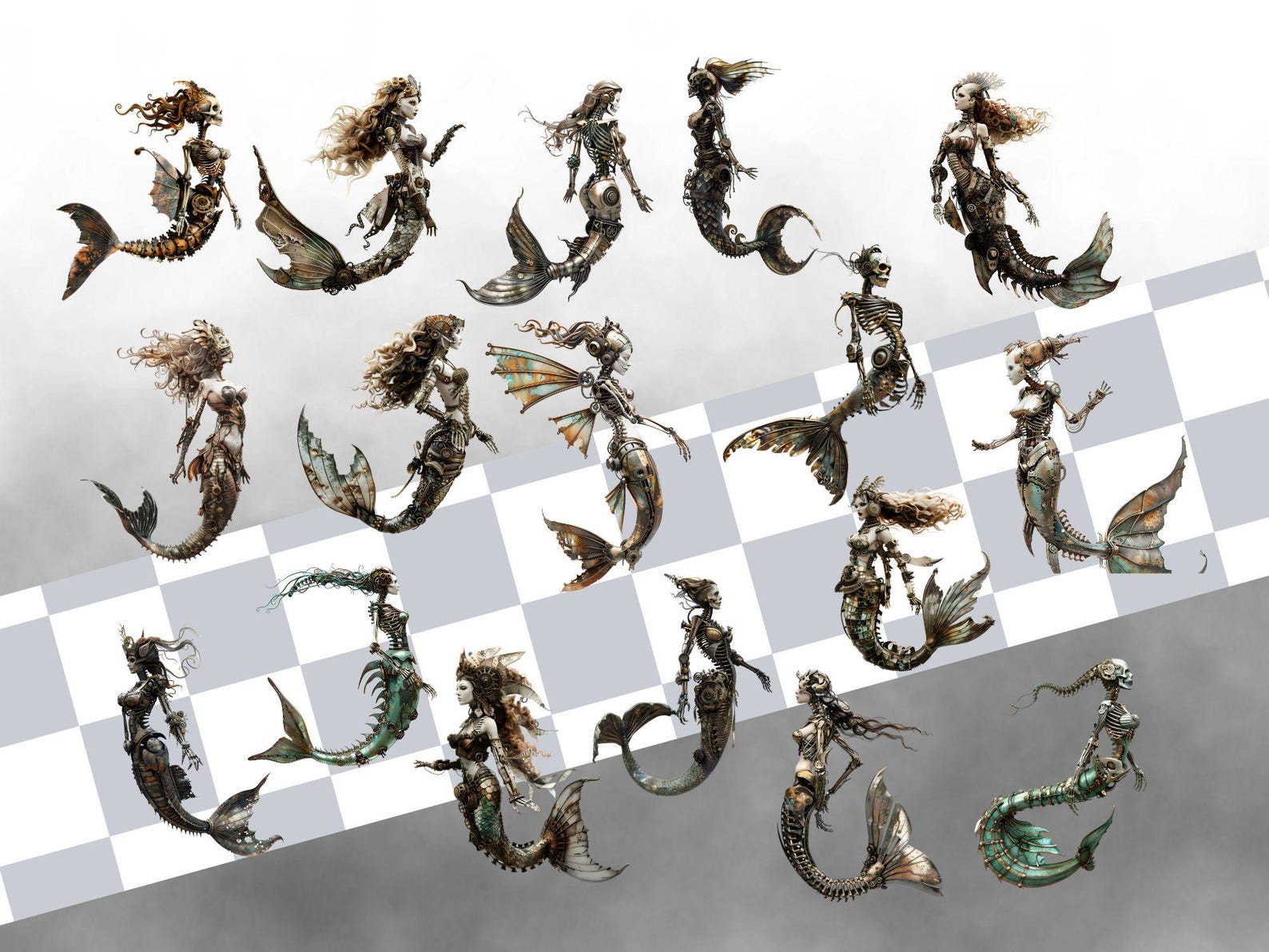 Steampunk Skeleton Mermaid Clipart Bundle, Vintage Mechanical Fantasy ...