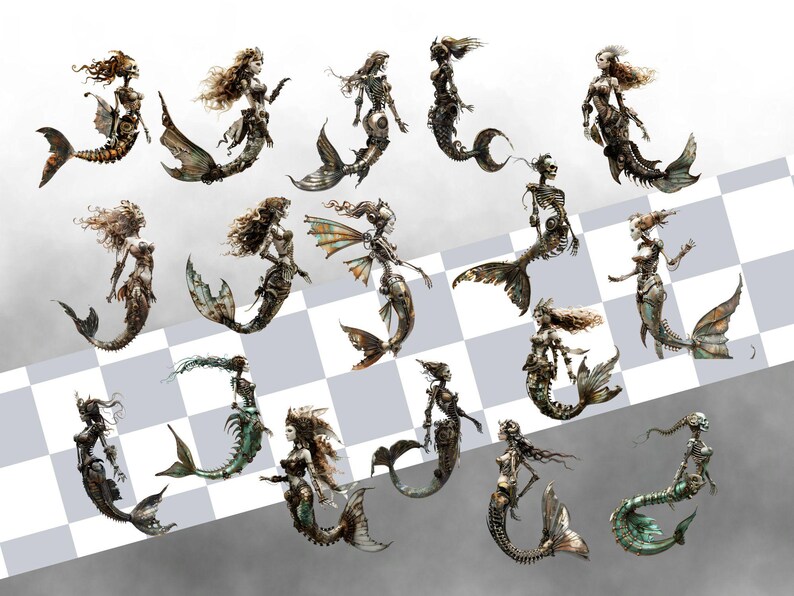 Steampunk Skeleton Mermaid Clipart Bundle, Vintage Mechanical Fantasy ...