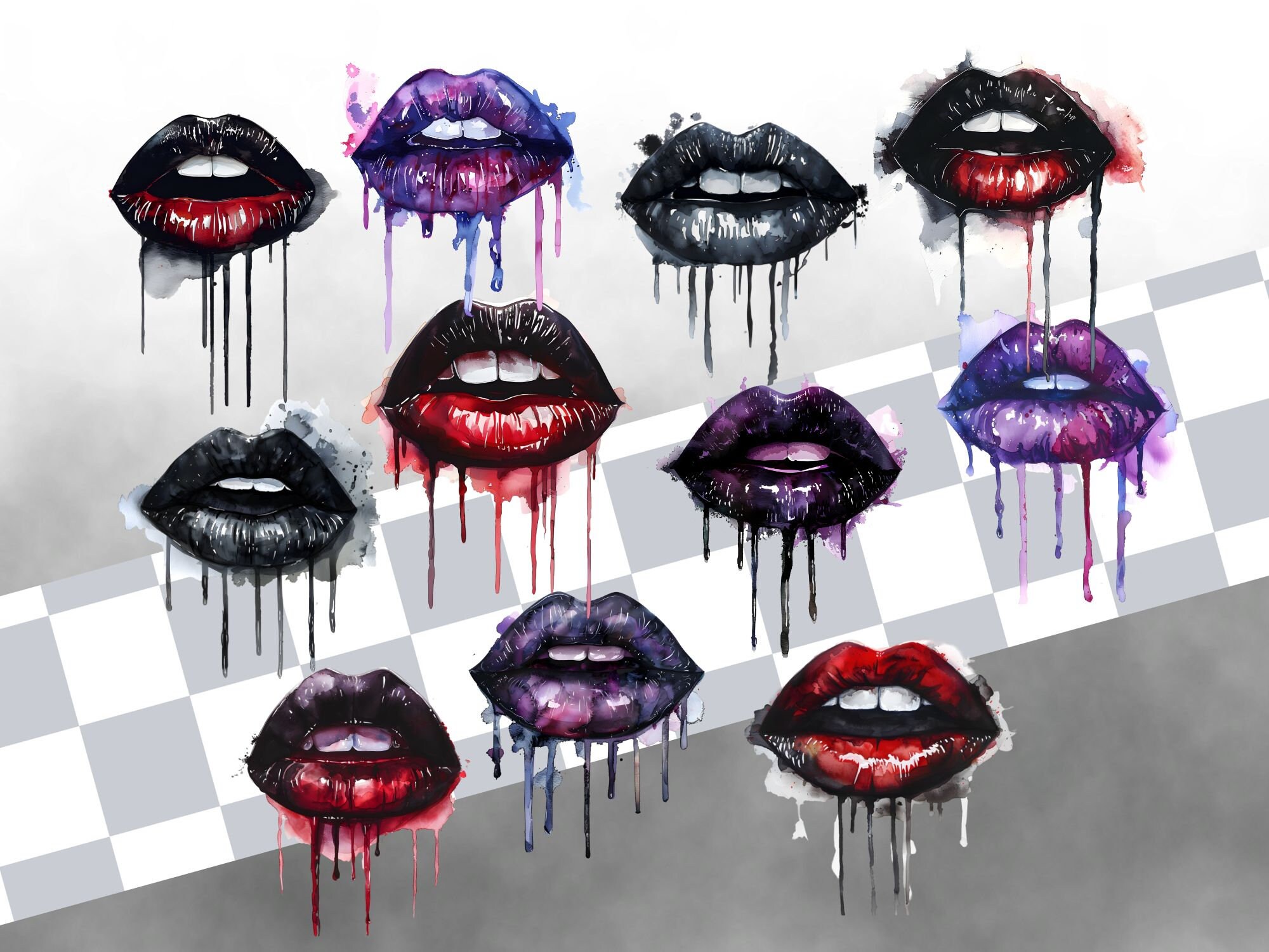 Gothic Dripping Lip Clipart Bundle, Goth Lipstick PNG, Black & Red Lips ...