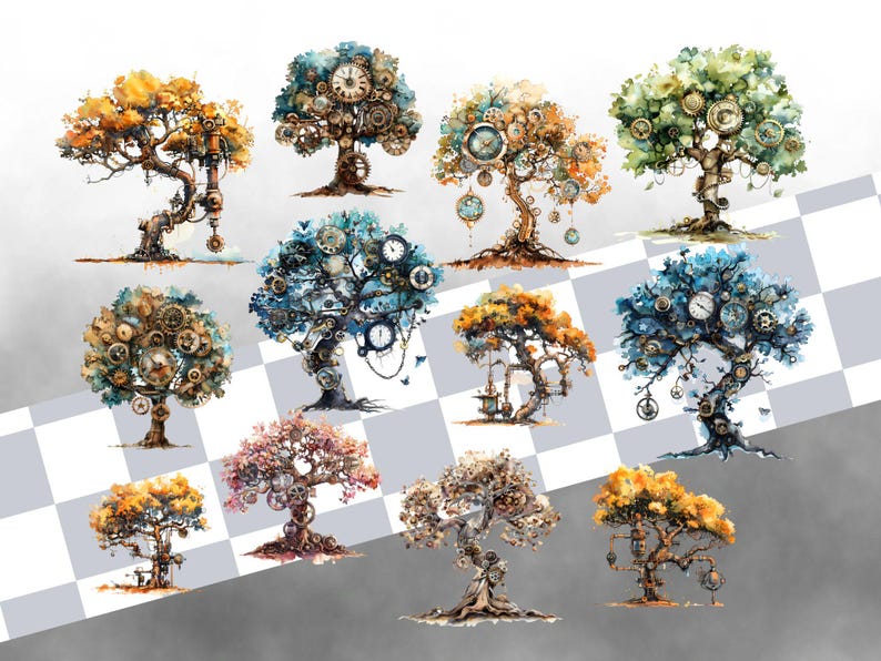 Steampunk Tree Clipart Bundle, Vintage Mechanical Nature, Industrial ...