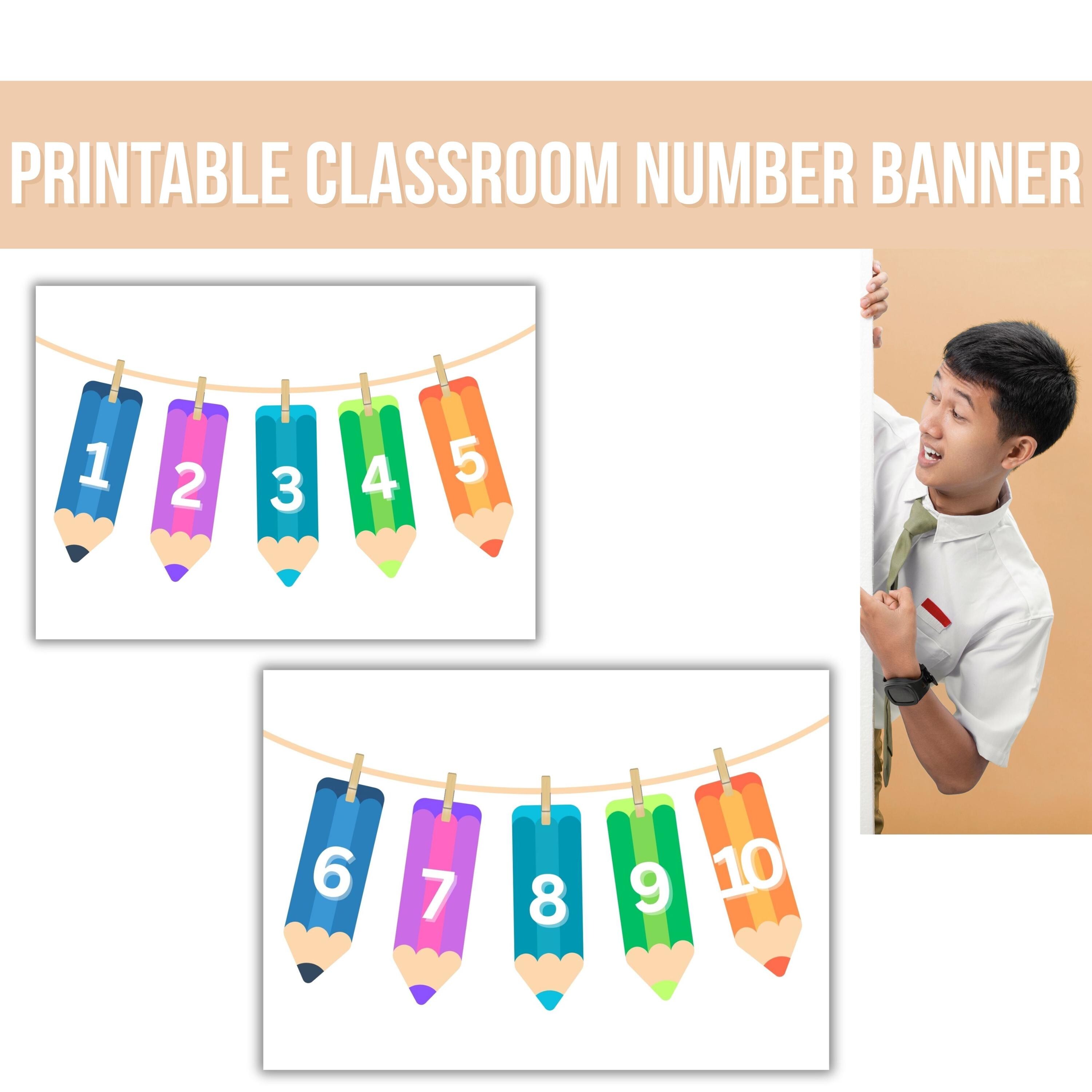 Printable Classroom Number Banner, Colorful Pencil Theme Learning Decor ...