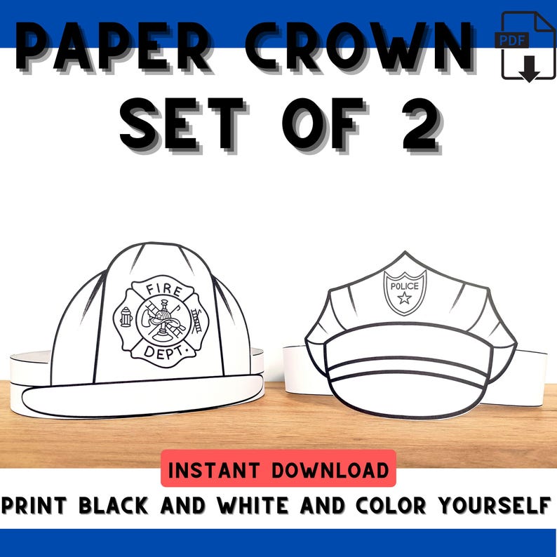 DIY Fire Marshal & Police Crown Printable for Kids, Coloring Craft ...