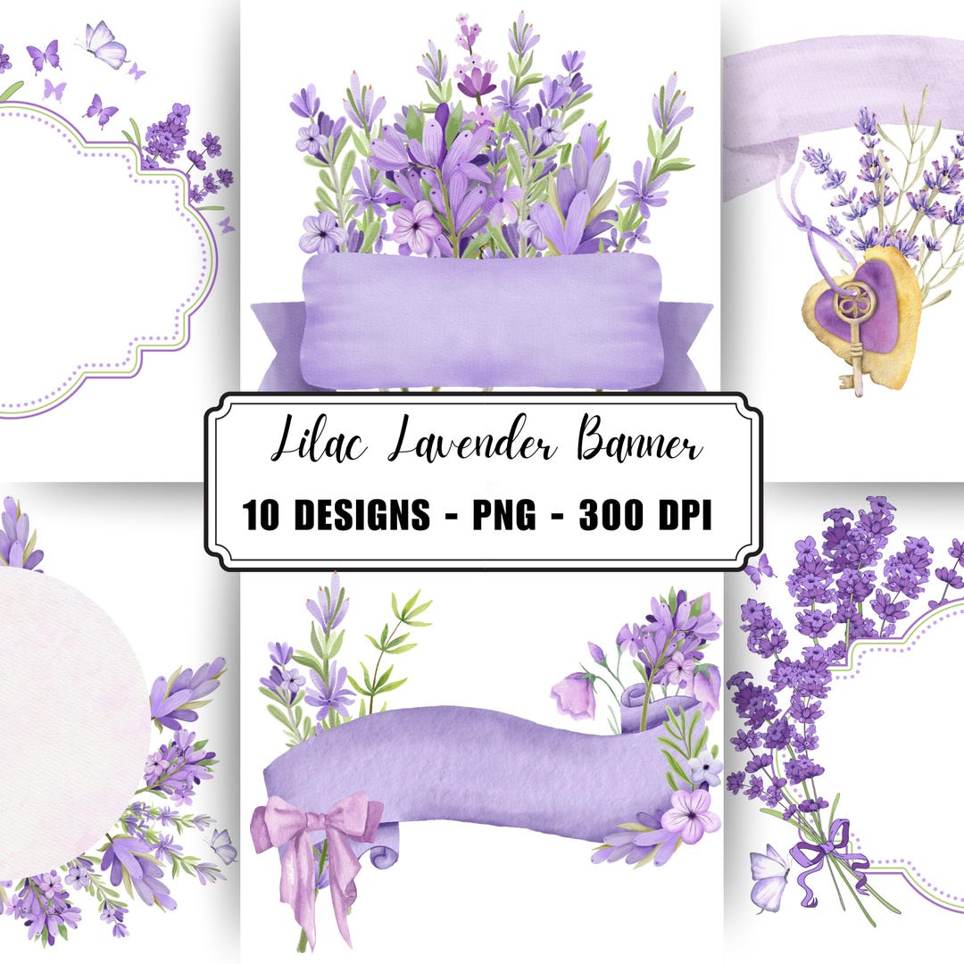 Lavender Lilac Banner Clipart PNG Bundle, Garden Flowers Digital Art ...
