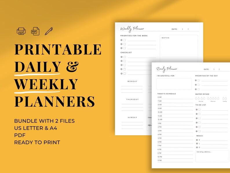 Bundle Daily Weekly Planner Printables Black and White, A4 and US ...