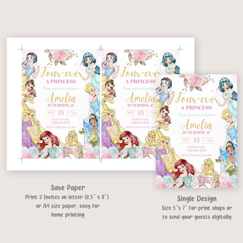 Four Ever A Princess Birthday Invitation Fourever A Princess Invitation ...