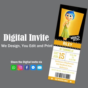 Inside Out 2 Birthday Invitation Inside Out Movie Ticket Invite Inside ...