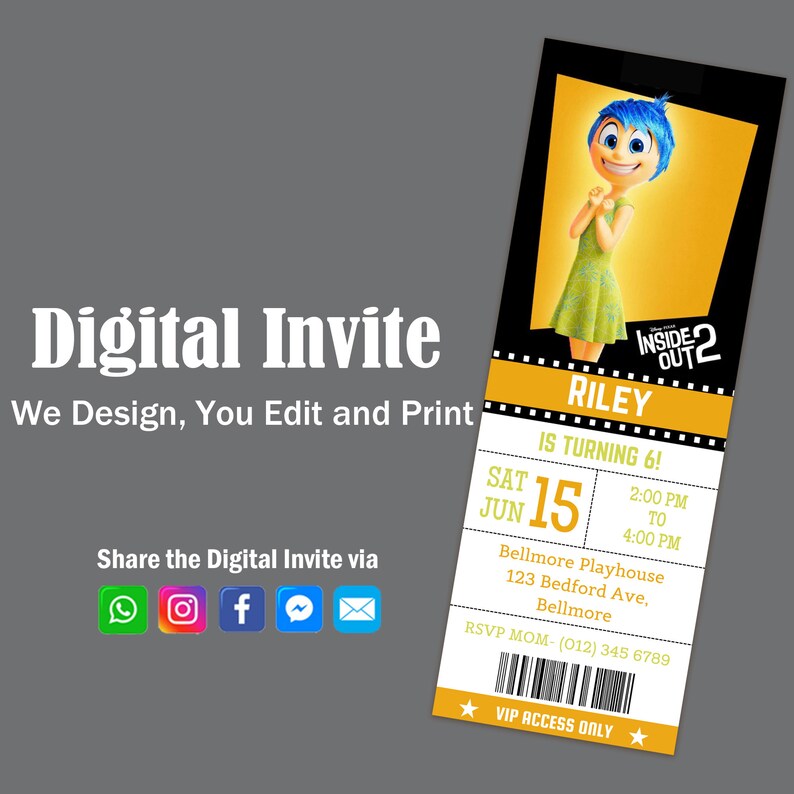 Inside Out 2 Birthday Invitation Inside Out Movie Ticket Invite Inside ...