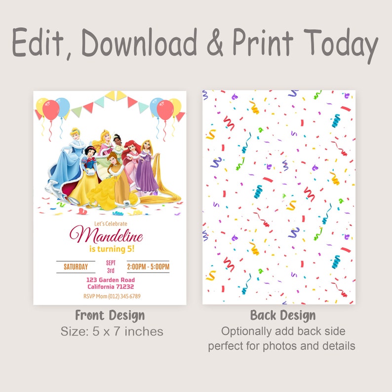 Princess Birthday Party Invitation Girl Princess Birthday Invite ...