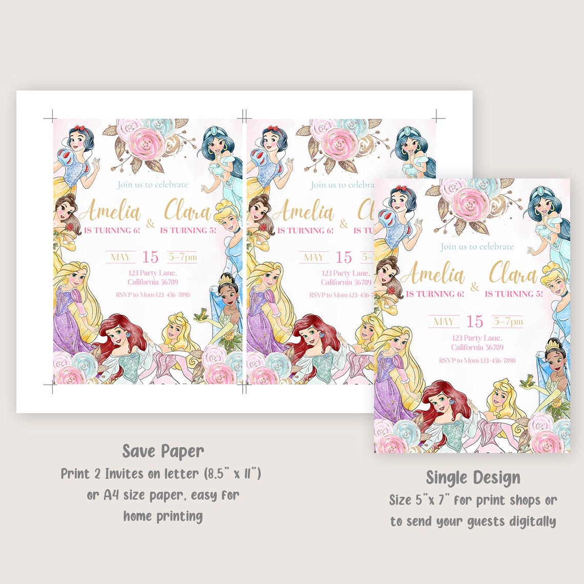 Princess Joint Birthday Invitation Princess Invitation Double Party ...