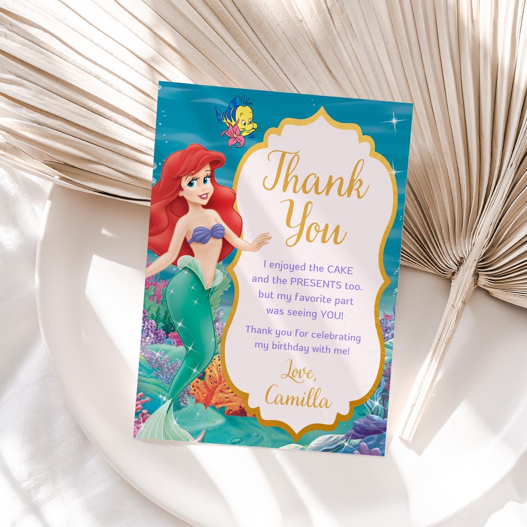 Little Mermaid Thank You Card Mermaid Birthday Thank You Note Ariel ...