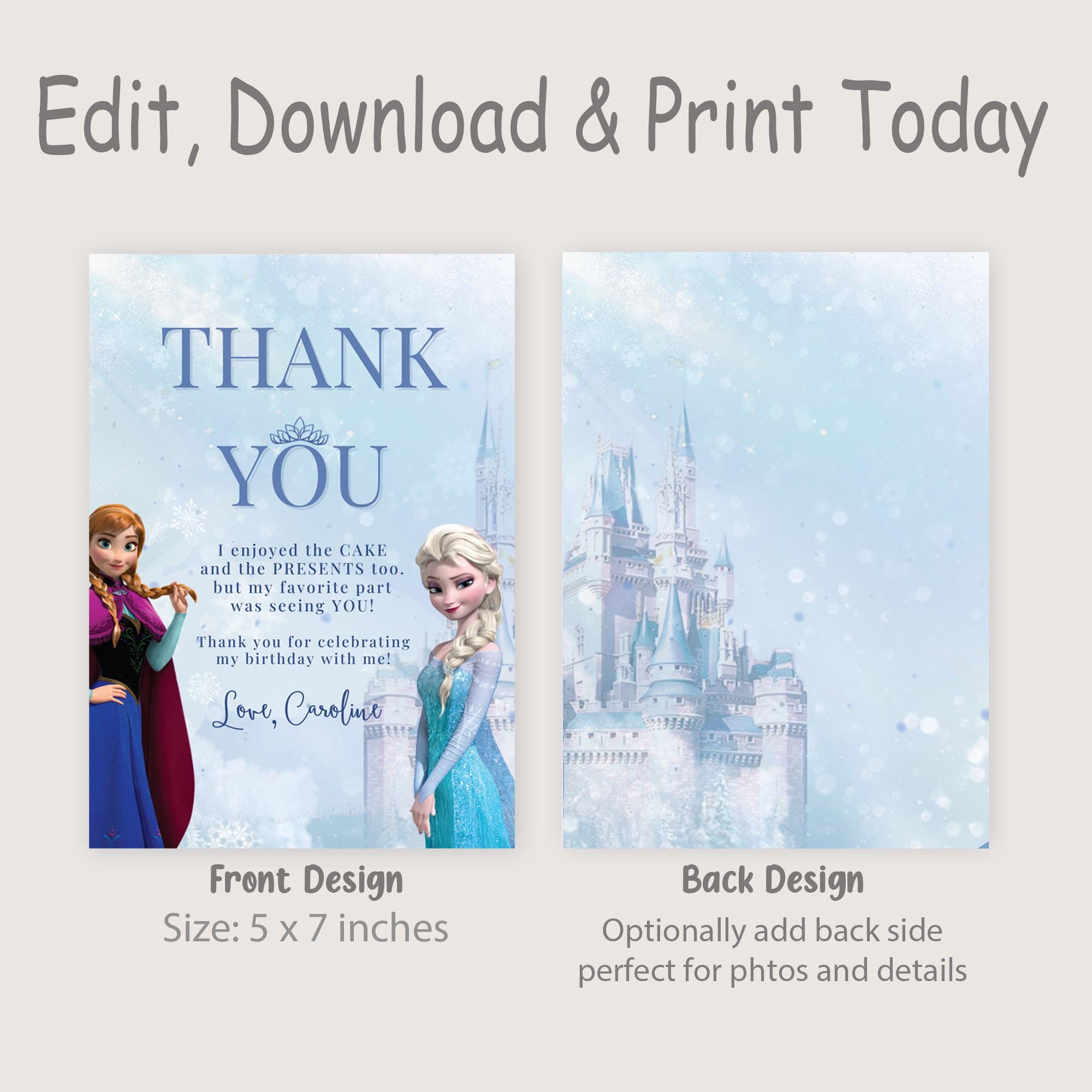 Frozen Thank You Card Frozen Thank You Note Frozen Birthday Elsa Thank ...