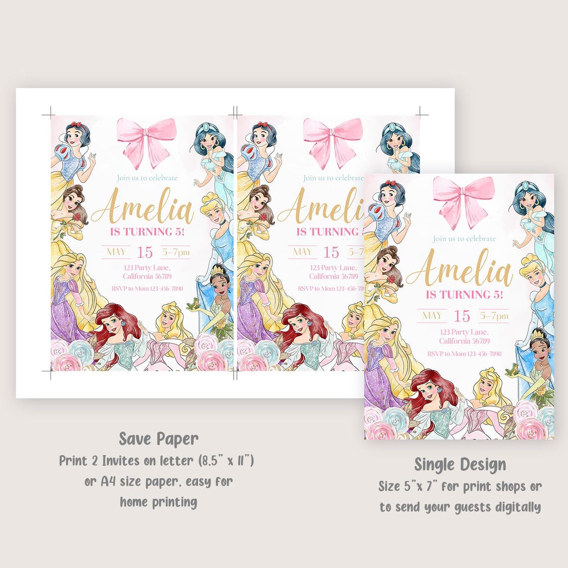Princess Birthday Invitation Princess Invitation Pink Bow Princess ...
