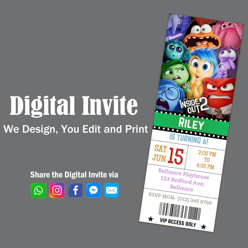 Inside Out 2 Birthday Invitation Inside Out Movie Ticket Invite Inside ...