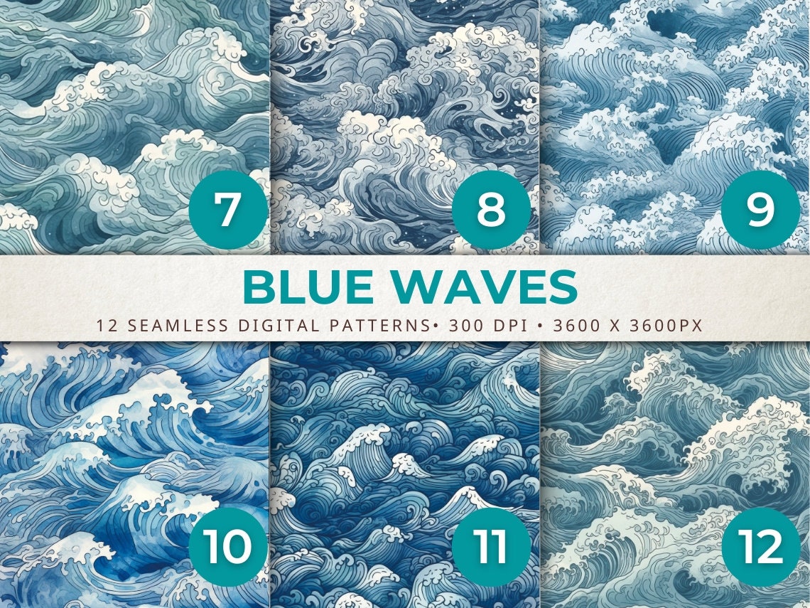 12 Digital Papers With Blue Waves Seamless Pattern for Your - Etsy