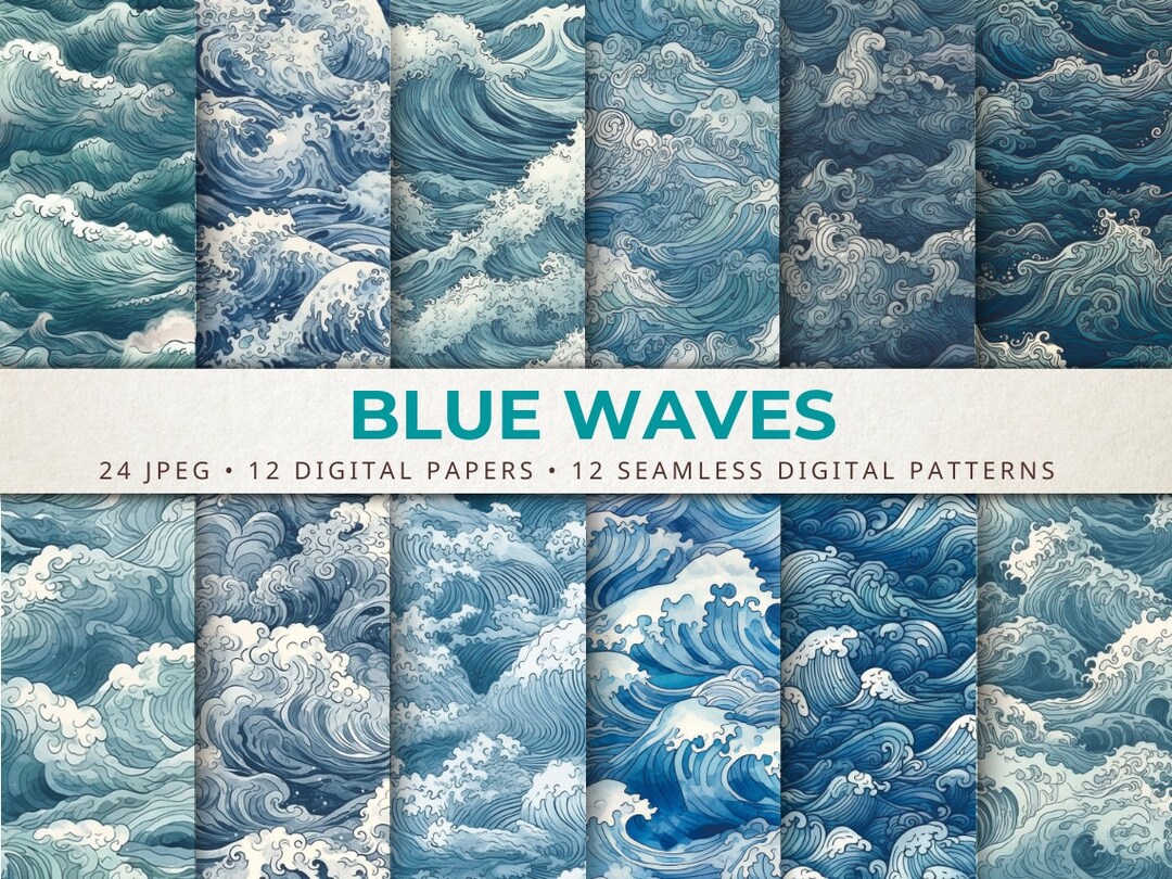 12 Digital Papers With Blue Waves Seamless Pattern for Your - Etsy
