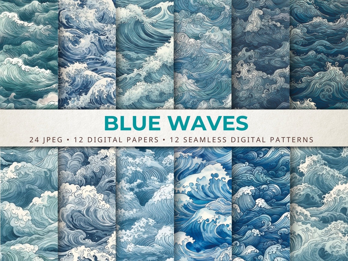 12 Digital Papers With Blue Waves Seamless Pattern for Your - Etsy