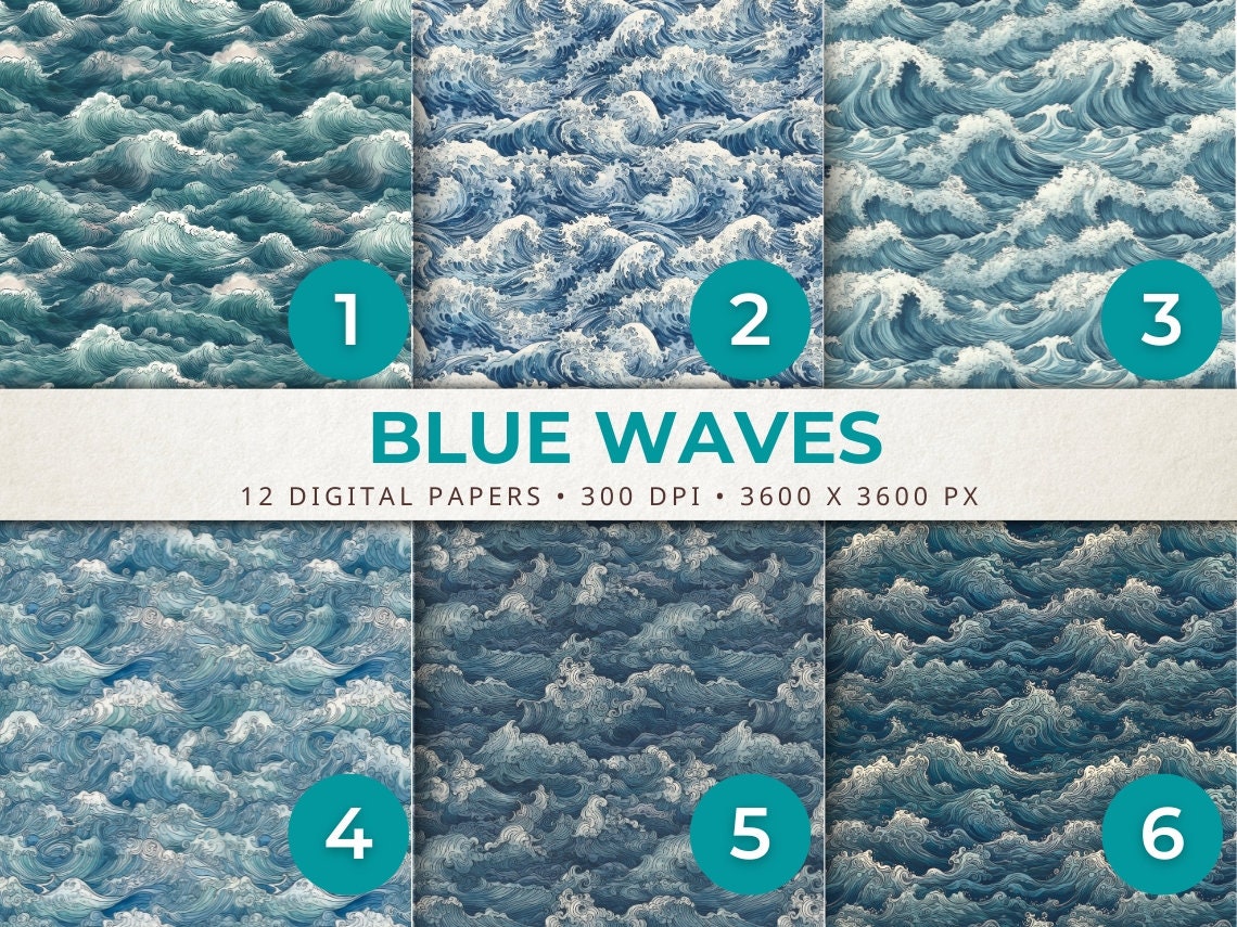 12 Digital Papers With Blue Waves Seamless Pattern for Your - Etsy