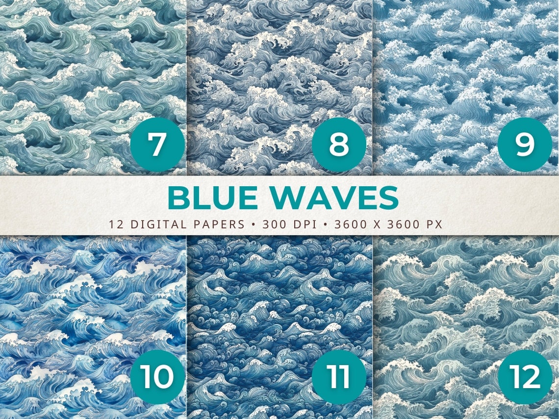 12 Digital Papers With Blue Waves Seamless Pattern for Your - Etsy