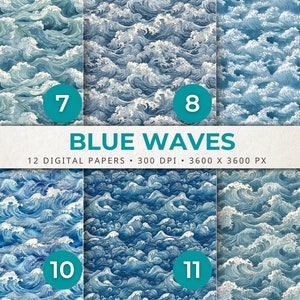 12 Digital Papers With Blue Waves Seamless Pattern for Your - Etsy