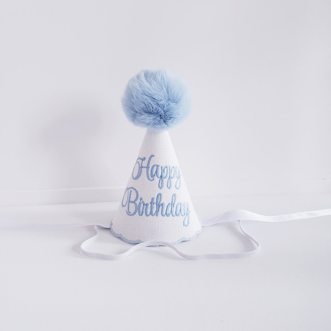 Personalized Birthday Pom Pom Hat: White and Blue Embroidery - Etsy
