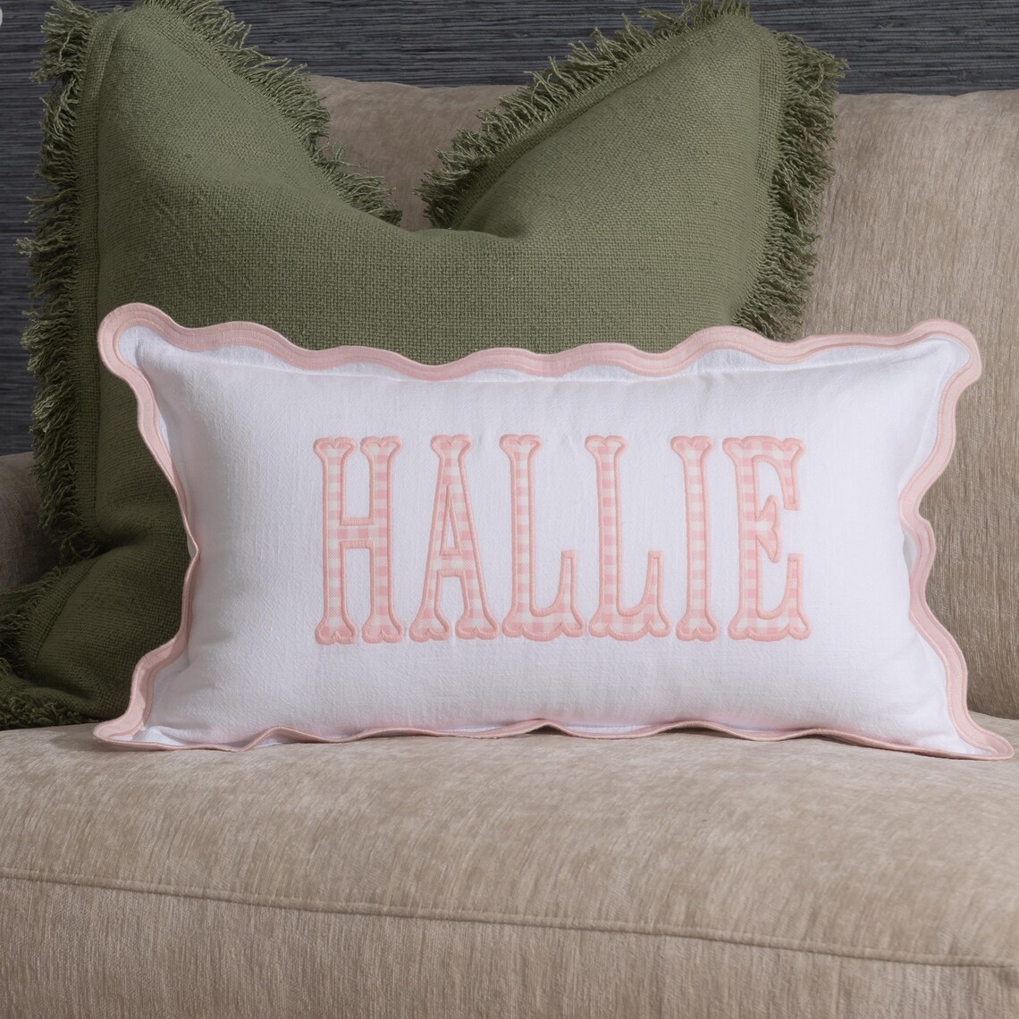 12x20 in Personalized Scalloped Applique Name and Monogram Pillow Cover ...