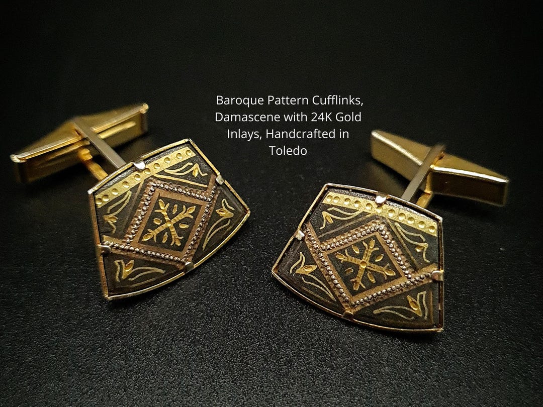 Baroque Pattern Cufflinks, Damascene With 24K Gold Inlays, Handcrafted ...