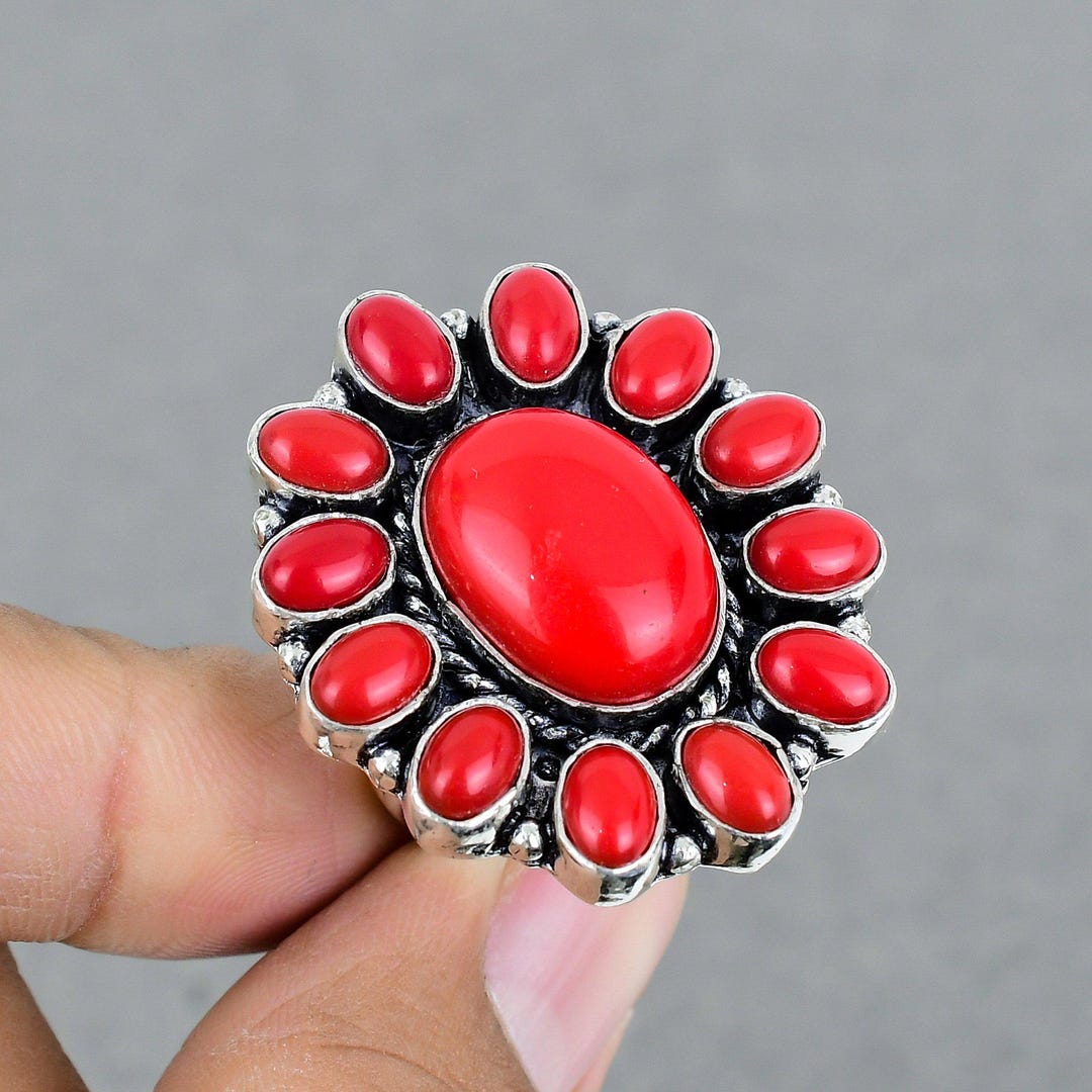 Italian Red Coral Gemstone Ring,925 Sterling Silver Ring,handmade ...