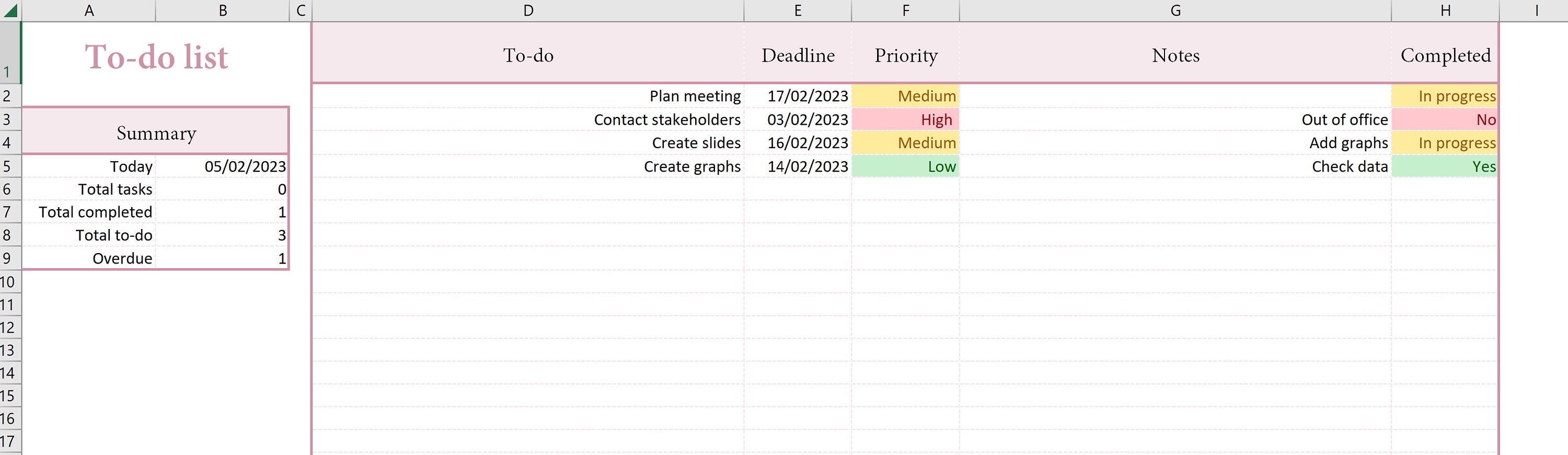 Excel Template - to Do List With Prioritisation and Automatic Summary ...