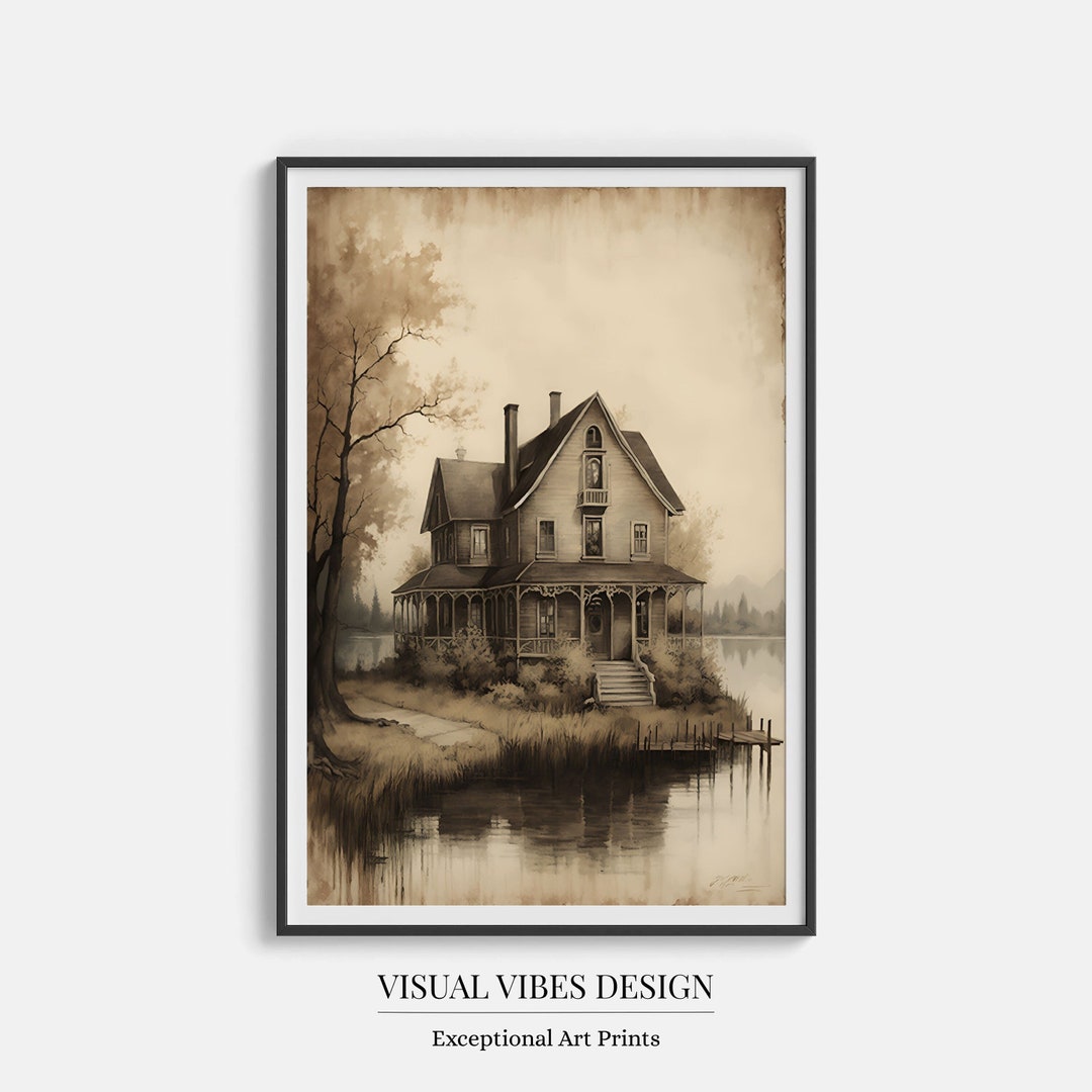 Vintage Lake House Painting Printable Retro Wall Art digital Download ...