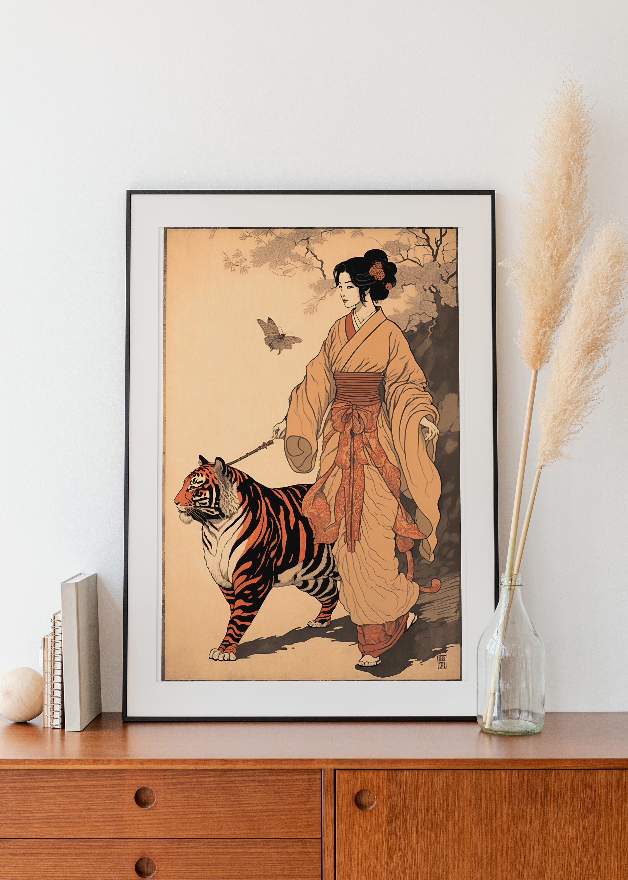 Woman Walking Tiger Art Print |japanese Painting Poster |edo Period ...