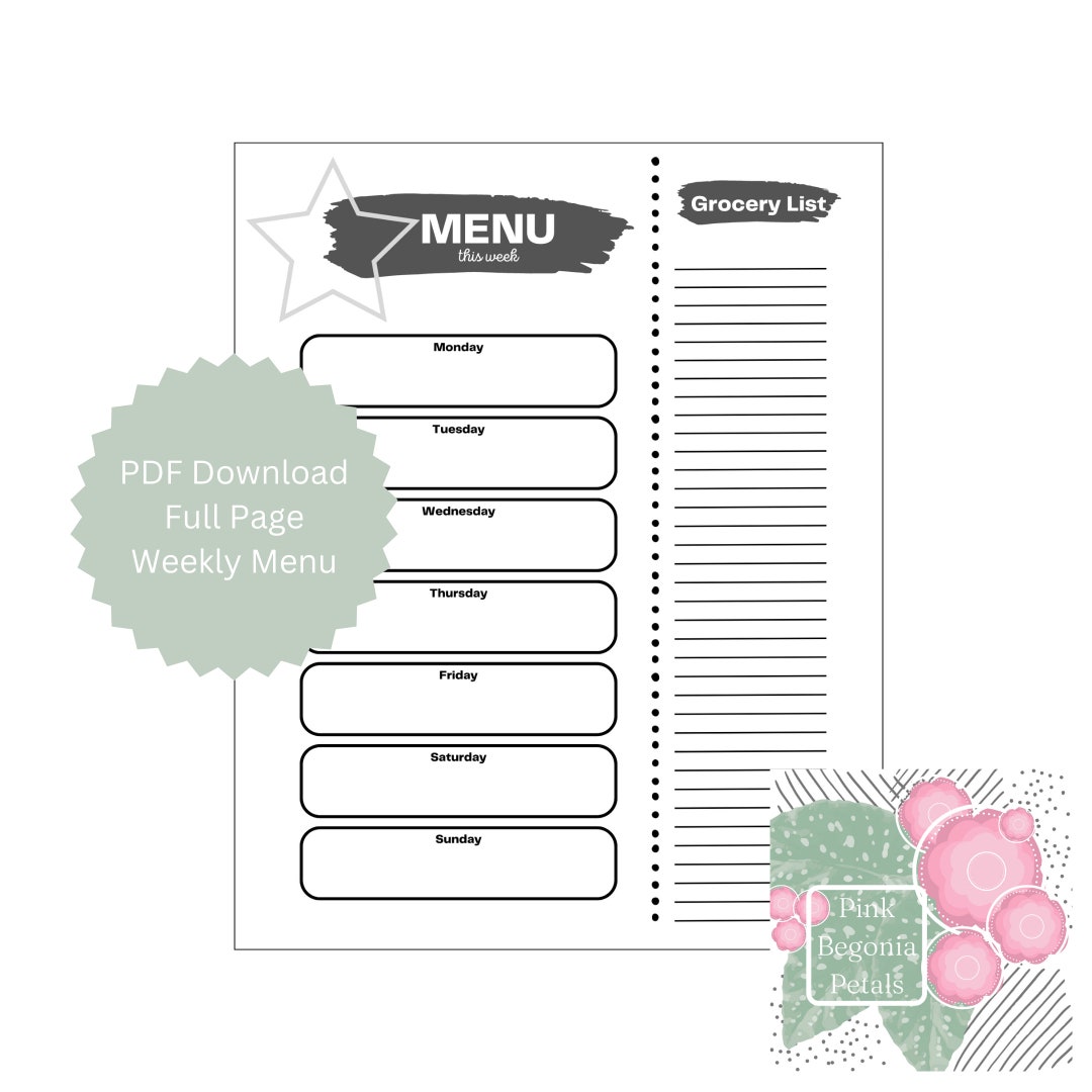 Weekly Menu PDF Download Printable Menu - Etsy