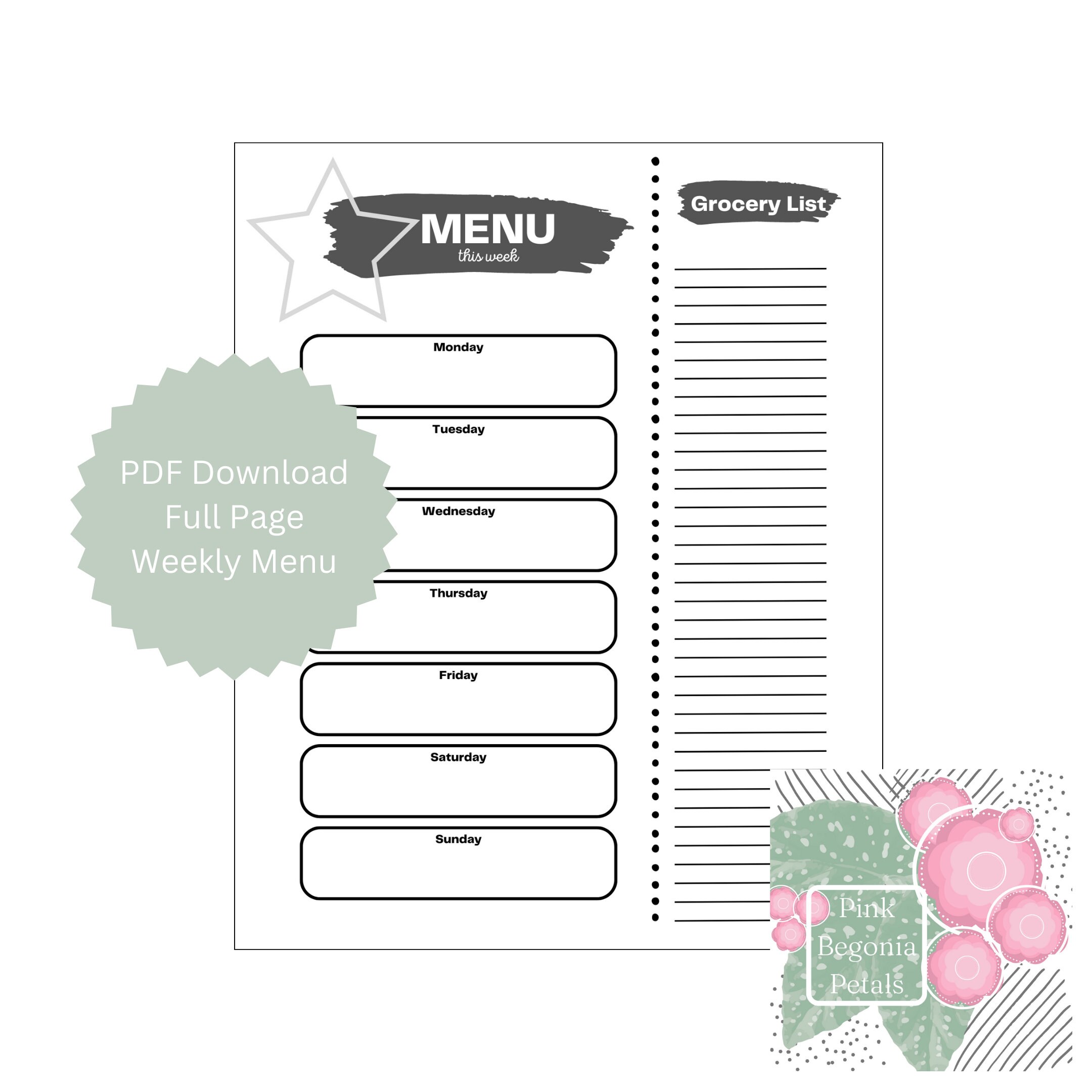 Weekly Menu PDF Download Printable Menu - Etsy