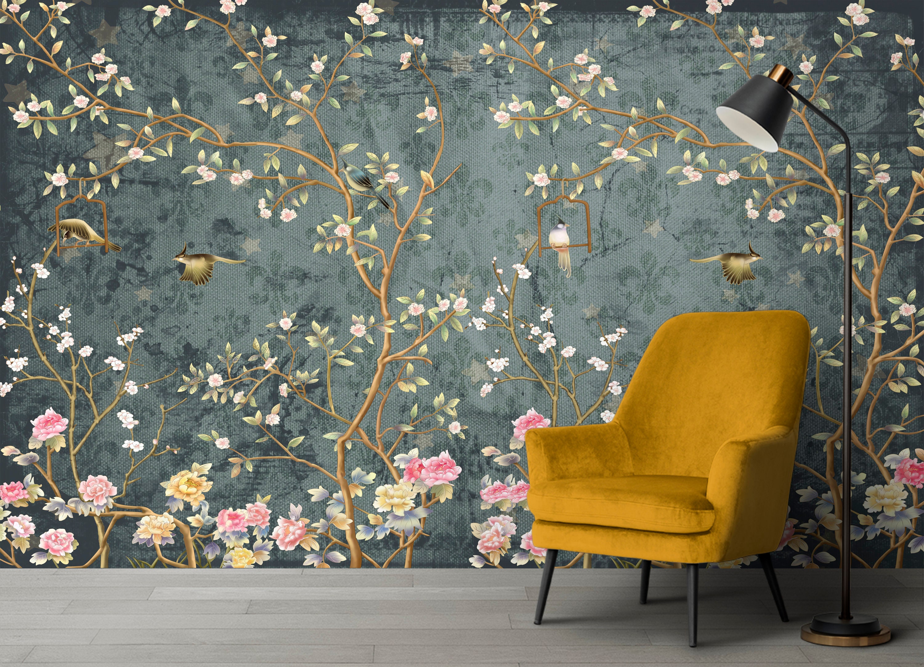 Vintage Chinoiserie Wallpaper: Birds, Peony Flowers, Asian Wall Art ...
