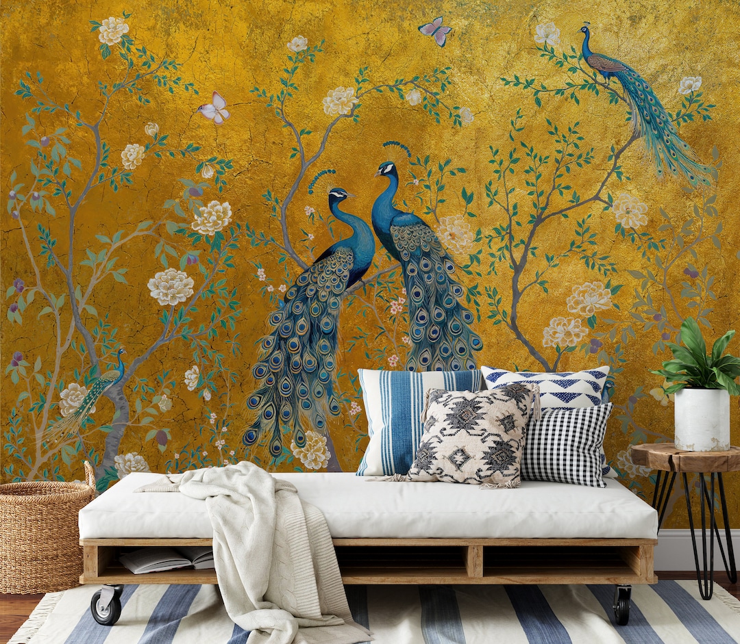 Chinoiserie Peacock Wallpaper Mural: Peel and Stick Gold Floral Wall ...