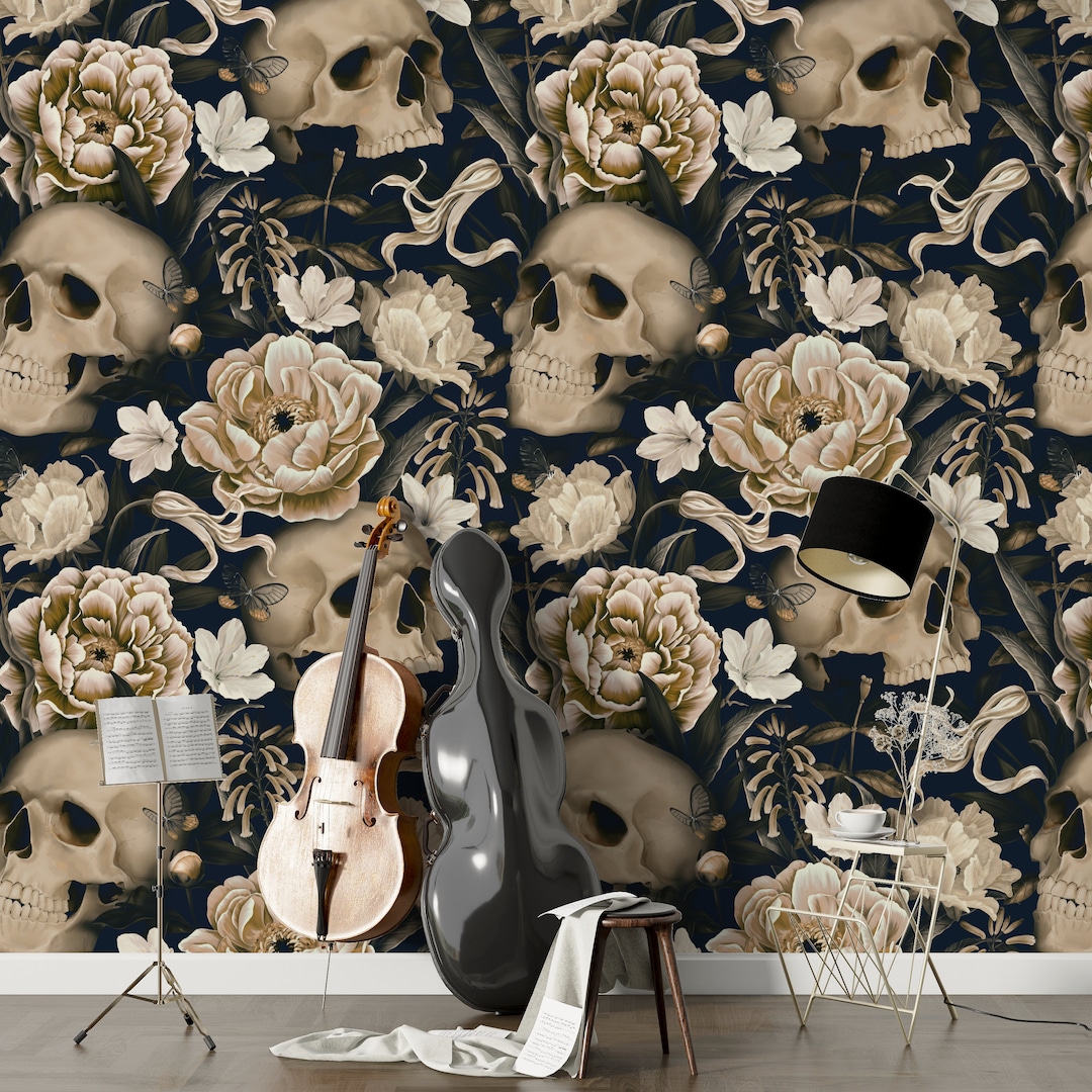 Dark Floral With Skull Wallpaper, Gothic Flower Wall Mural, Peel and ...