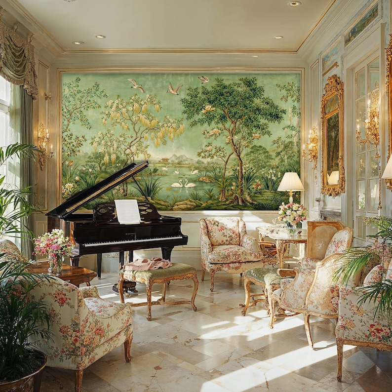 Chinoiserie Lake and Swans Wall Mural: Green Asian Forest Peel and ...