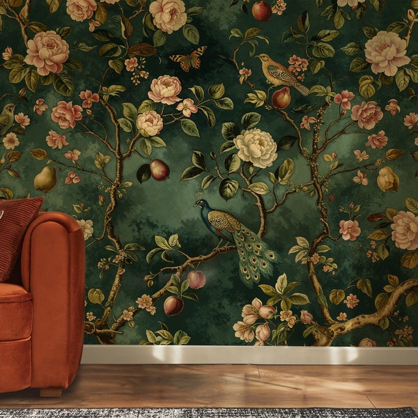 Elegant Chinoiserie-inspired Wallpaper Blossom Branches on Mustard Gold ...