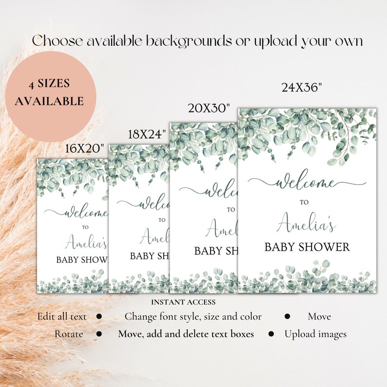 Baby Shower Welcome Sign Eucalyptus Green, 4 Sizes, Editable Template ...