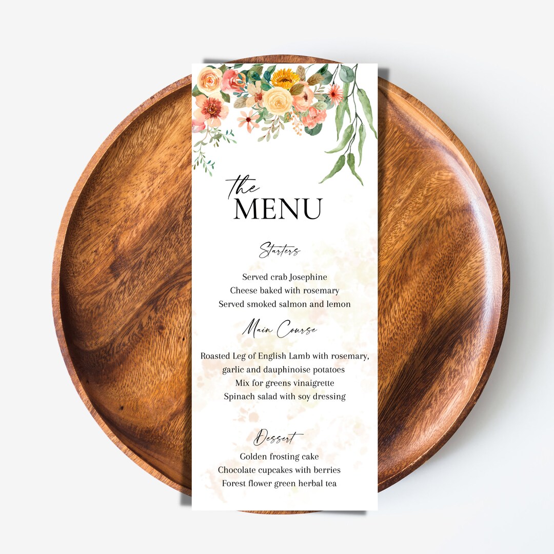 Garden Flowers Wedding Menu Template, Floral Wreath, Eucalyptus Green ...