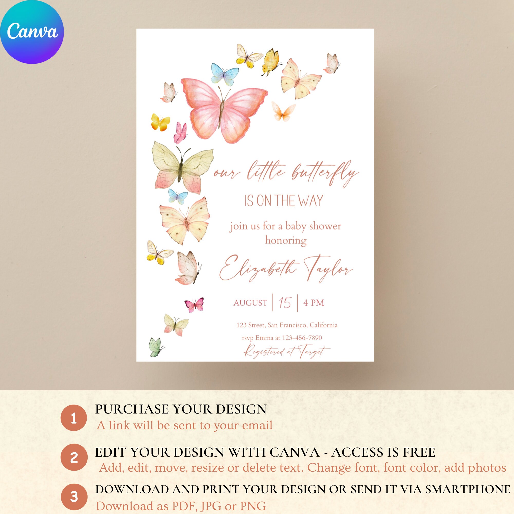 Butterfly Baby Shower Invitation, Pastel Butterfly Invitation Template ...