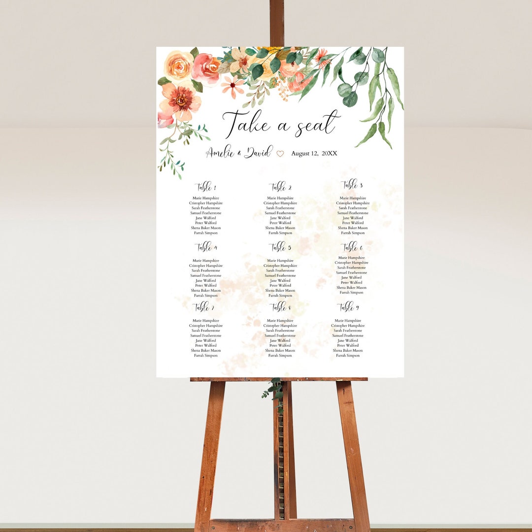 Garden Flowers Wedding Seating Chart( 18x24", 24x36"), Floral Wreath ...