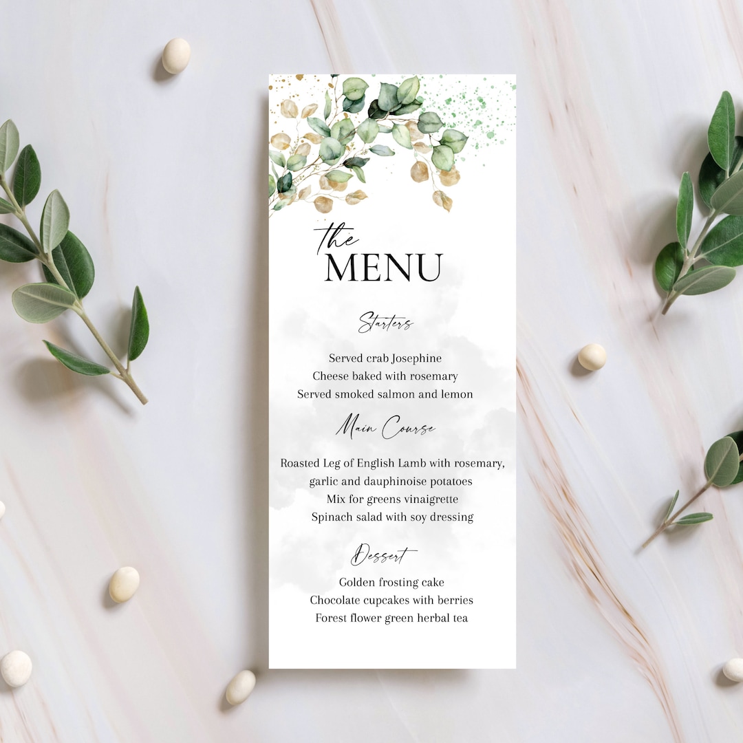 Greenery Wedding Menu Template, Eucalyptus Green Wedding Table Decor ...