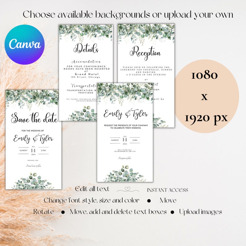 Editable Digital Wedding Invitation Suite Emily/ Eucalyptus Green ...