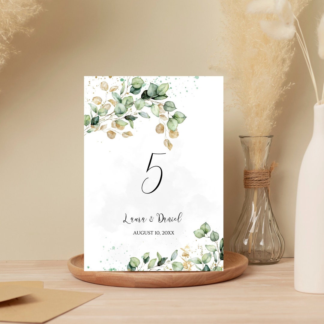 Greenery Wedding Table Number Template, Eucalyptus Green Table Decor ...