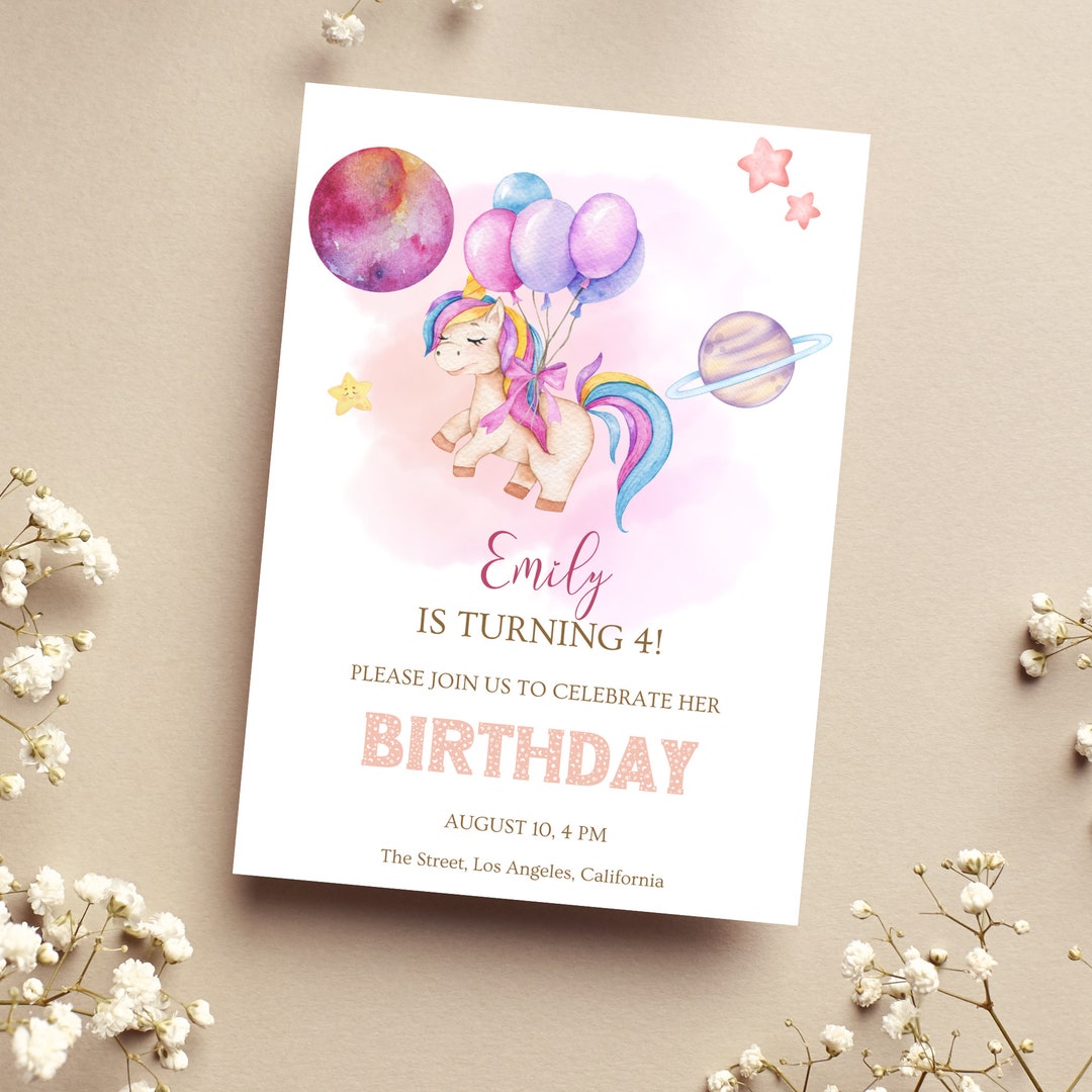 Unicorn Space Birthday Invitation Template, Planets Outer Space Unicorn ...